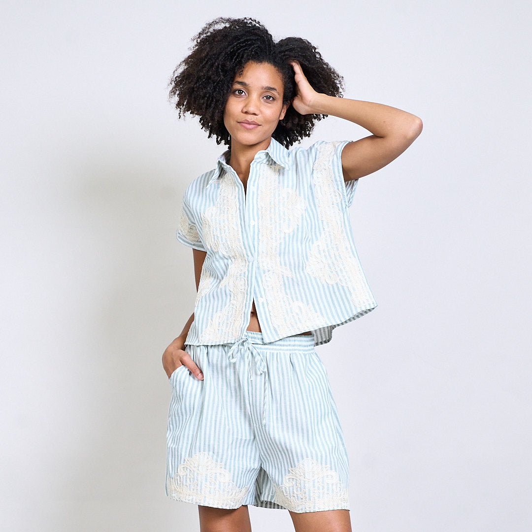 Striped lace panel short sleeve shirt and shorts set wholesale – LEIVIP