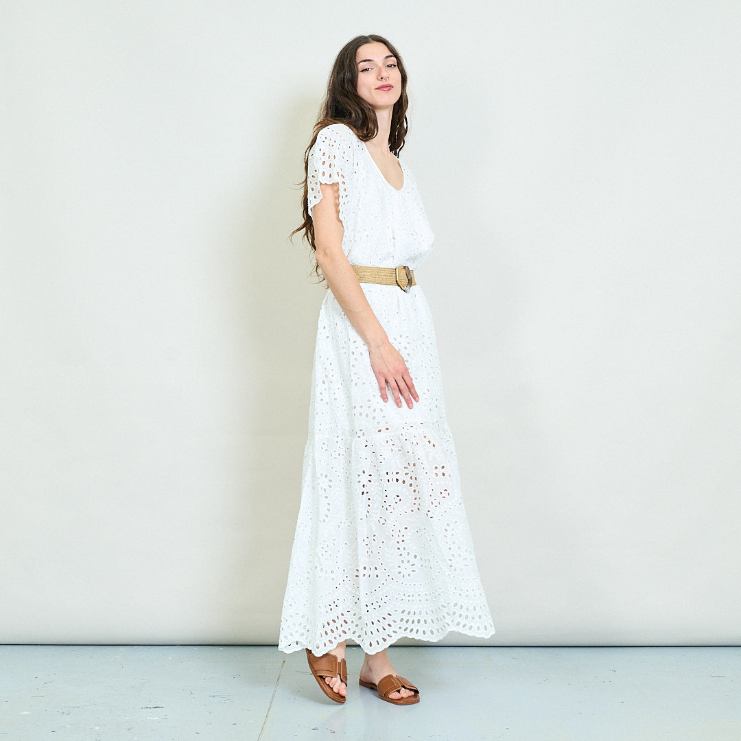 Eyelet embroidery flounce-sleeve belted tiered midi dress wholesale ...